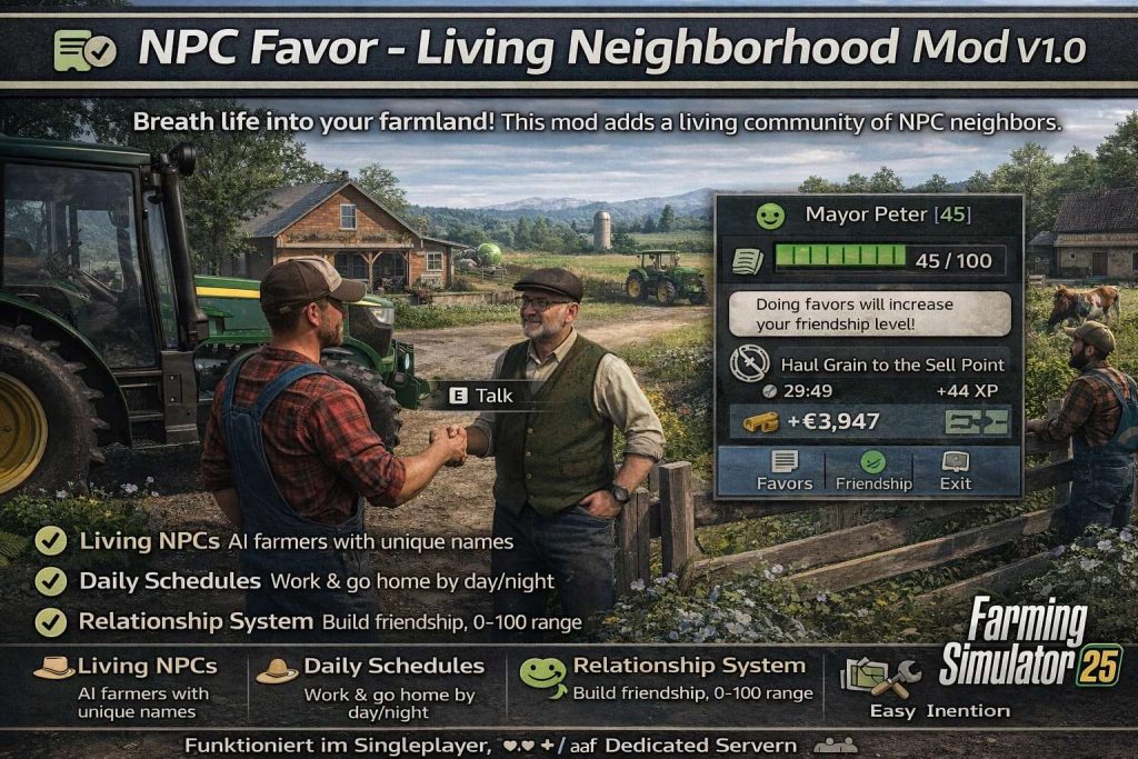 FS25 NPC Favor Living Neighborhood Mod v1.0.0.0 Mod - Farming Simulator 25