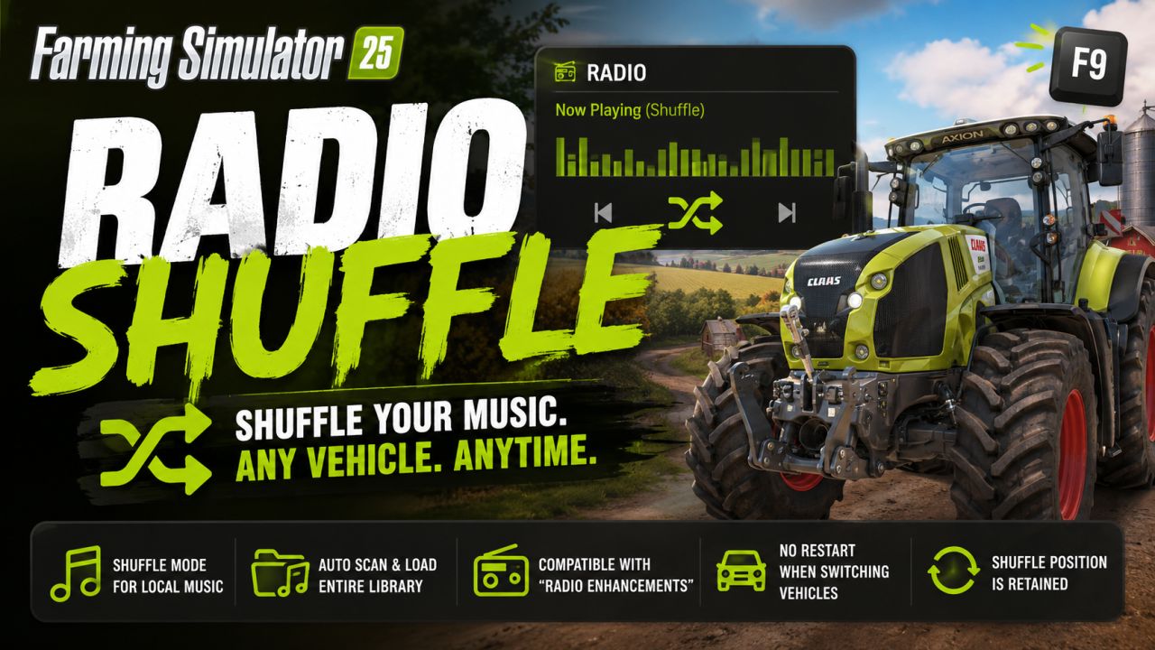 FS25 Radio Shuffle V2.2.0.0 Mod - Farming Simulator 25
