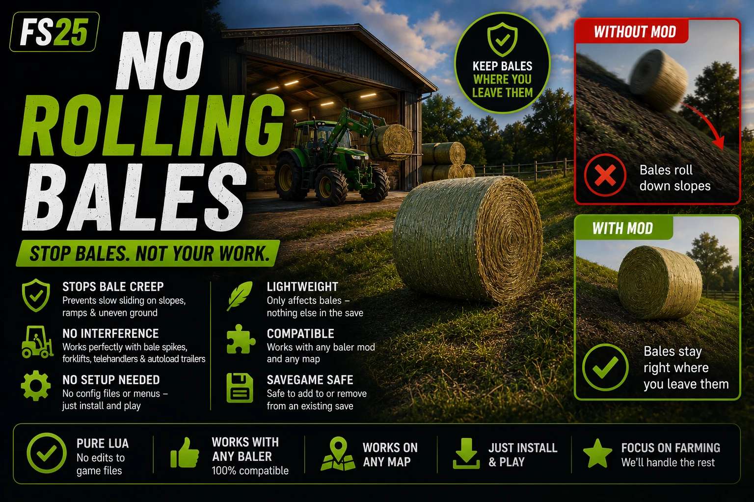 FS25 No Rolling Bales v1.6.0.0 Mod - Farming Simulator 25